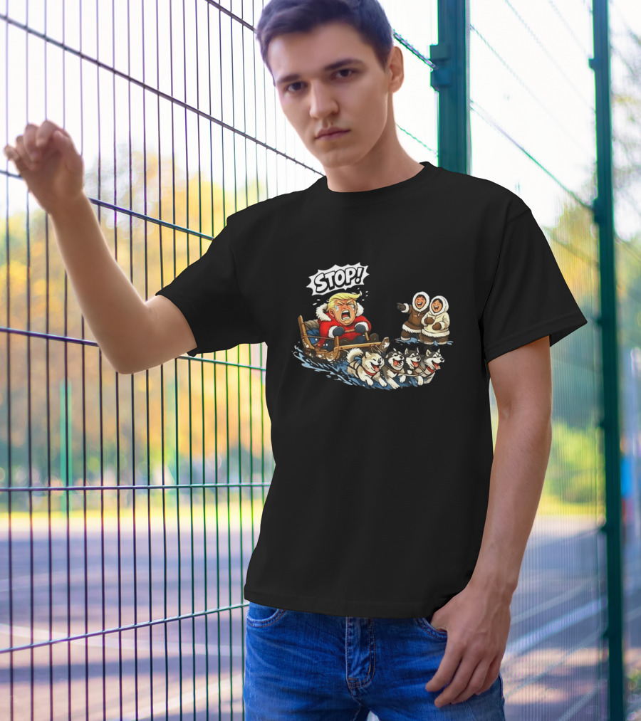 STOP Trump Greenland Dogsled Cartoon T-Shirt