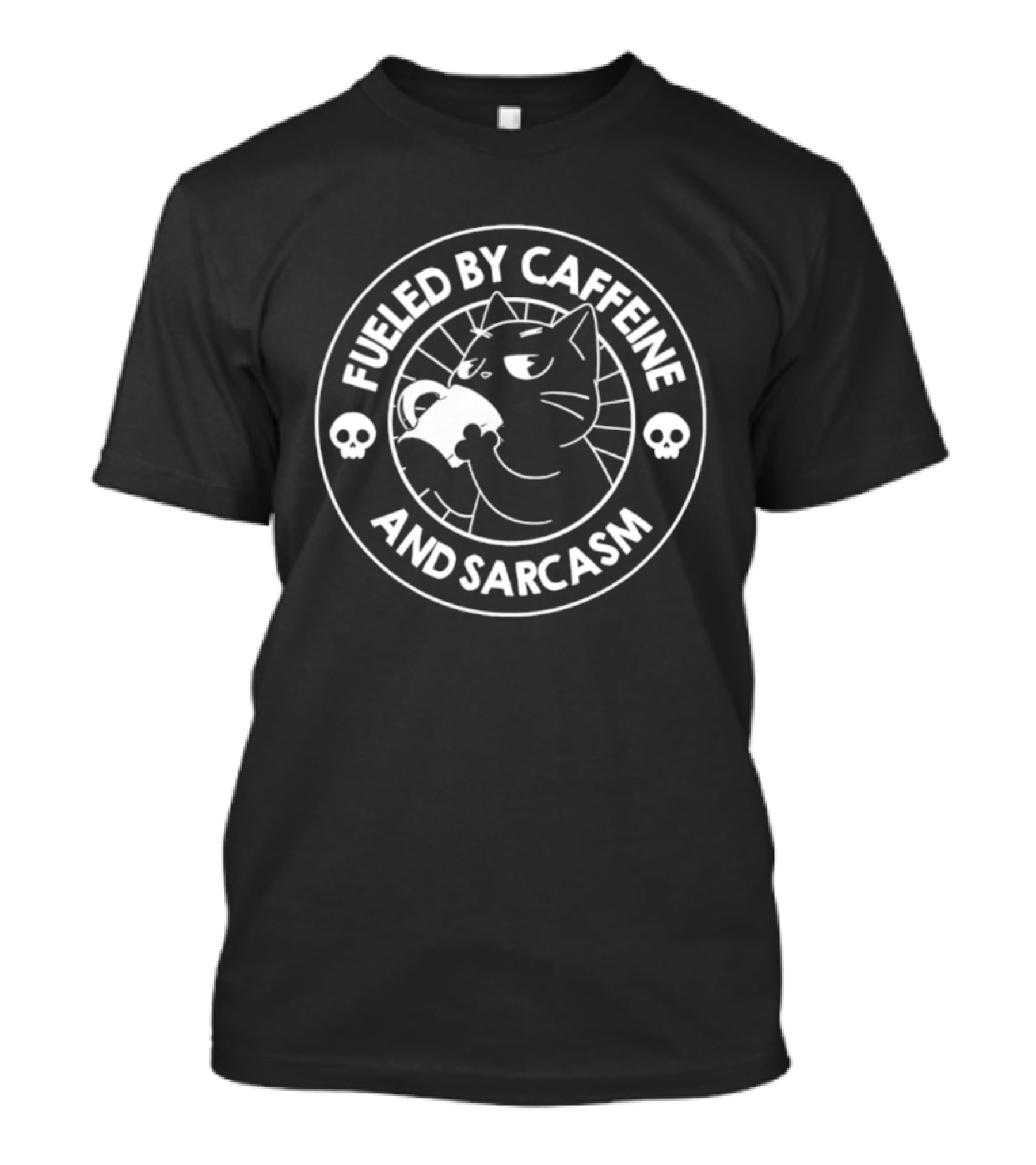 Fueled By Caffeine And Sarcasm Cat Drinking Coffee Skulls T-Shirt