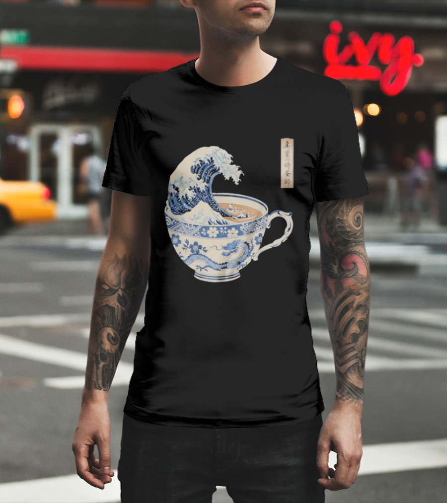 The Great Kanagawa Tea Cup Ukiyo E Wave Meets Dragon Porcelain T-Shirt