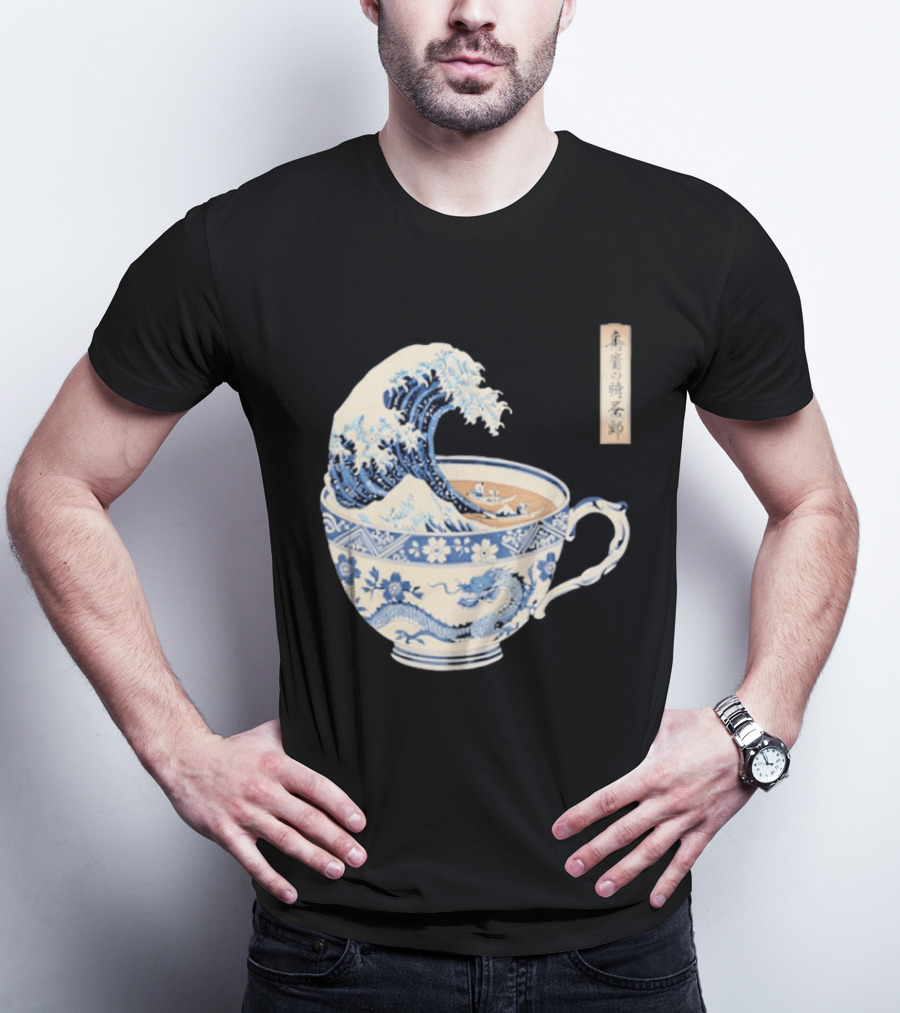 The Great Kanagawa Tea Cup Ukiyo E Wave Meets Dragon Porcelain T-Shirt