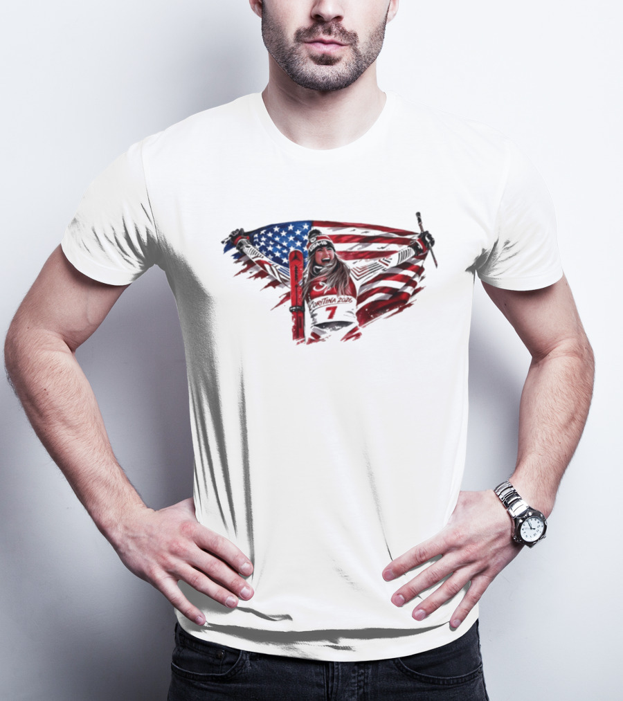 USA Winter Olympic Mikaela Shiffrin American Flag Skier T-Shirt