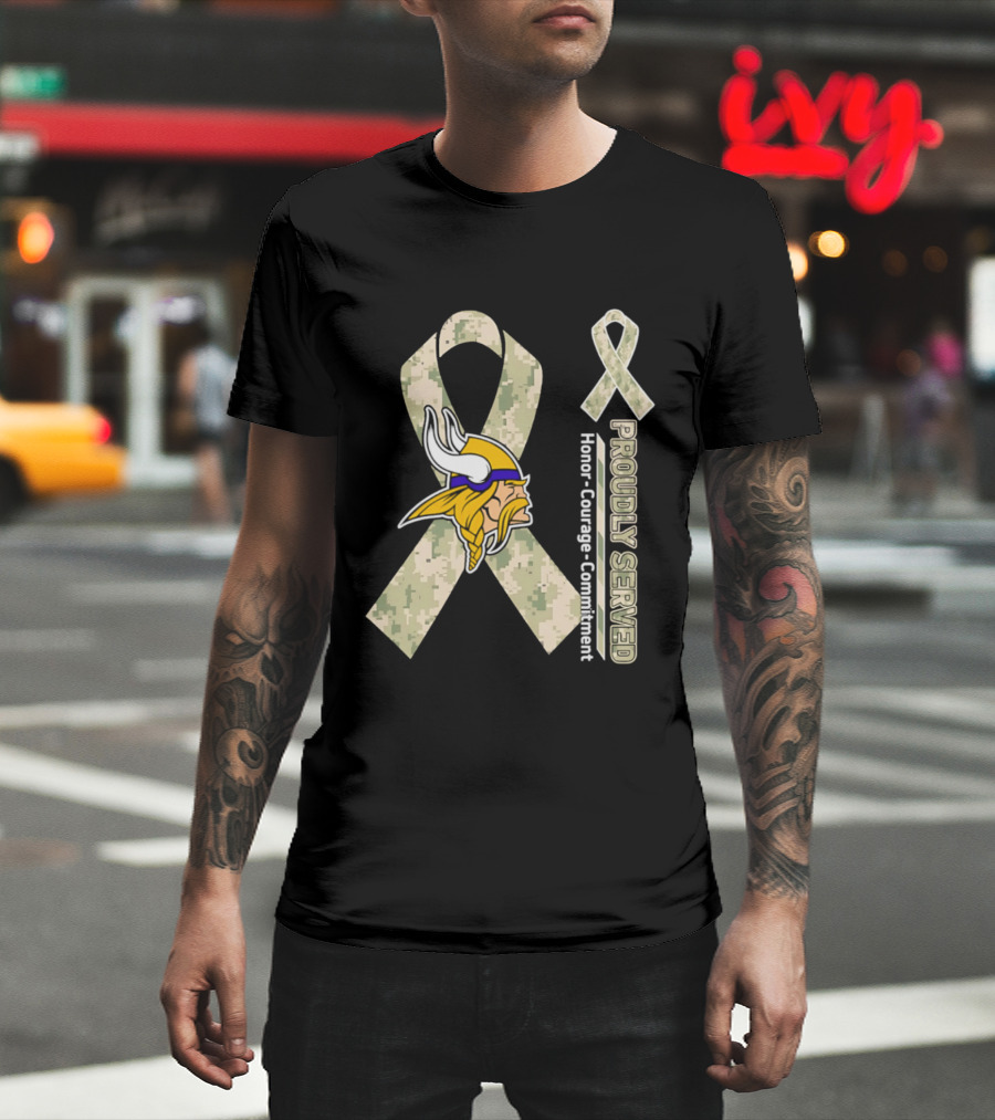 Minnesota Vikings Proudly Served Honor Courage Commitment Camouflage Ribbon T-Shirt