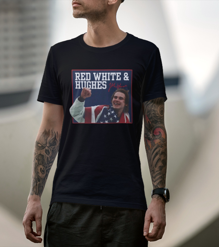 Red White And Hughes With Autograph And USA Flag T-Shirt