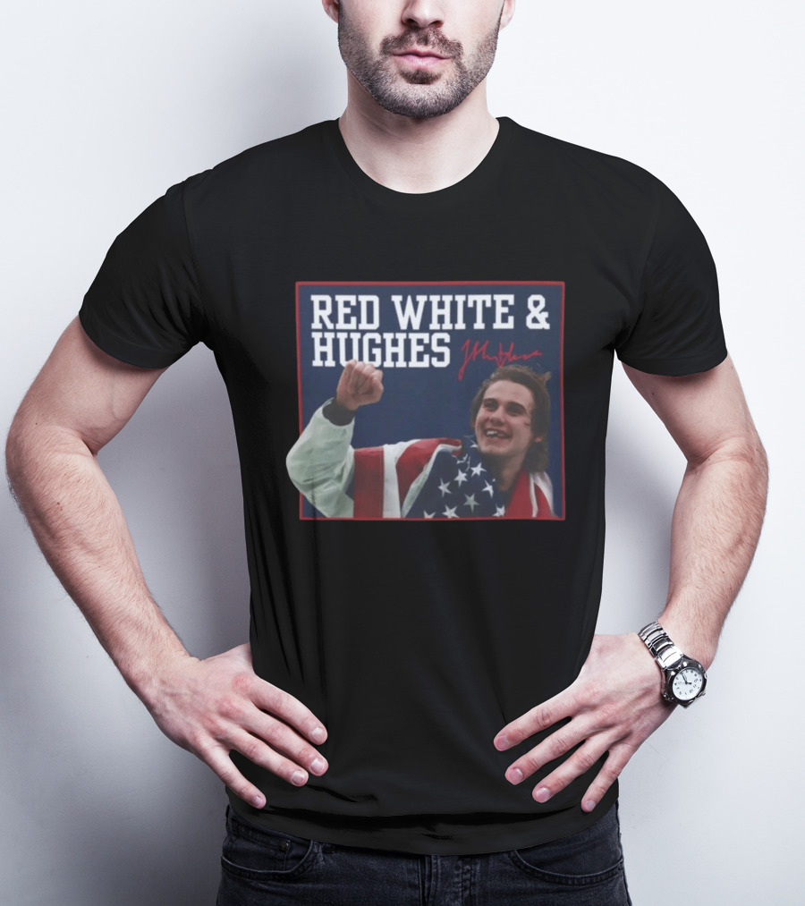 Red White And Hughes With Autograph And USA Flag T-Shirt