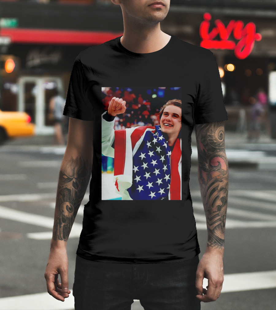Jack Hughes Celebrating Team USA Hockey Star Spangled Moment T-Shirt