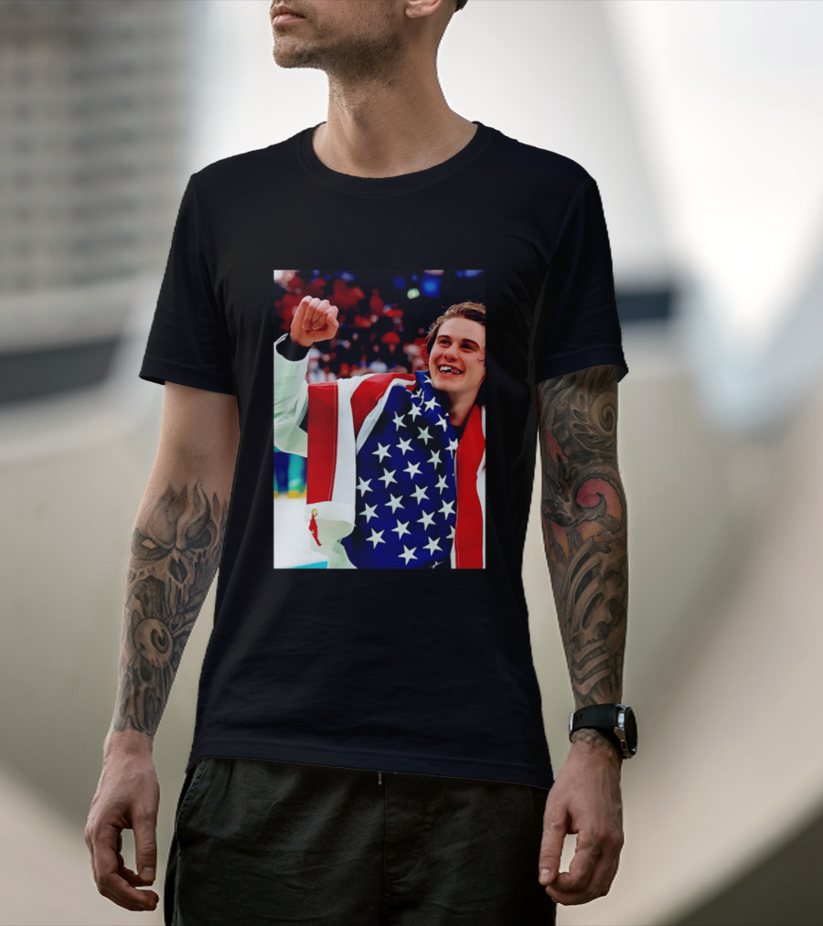 Jack Hughes Celebrating Team USA Hockey Star Spangled Moment T-Shirt