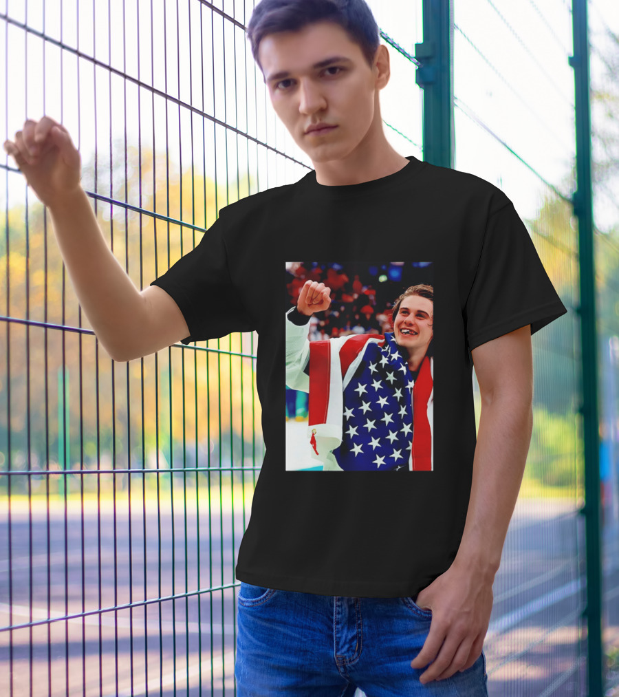 Jack Hughes Celebrating Team USA Hockey Star Spangled Moment T-Shirt