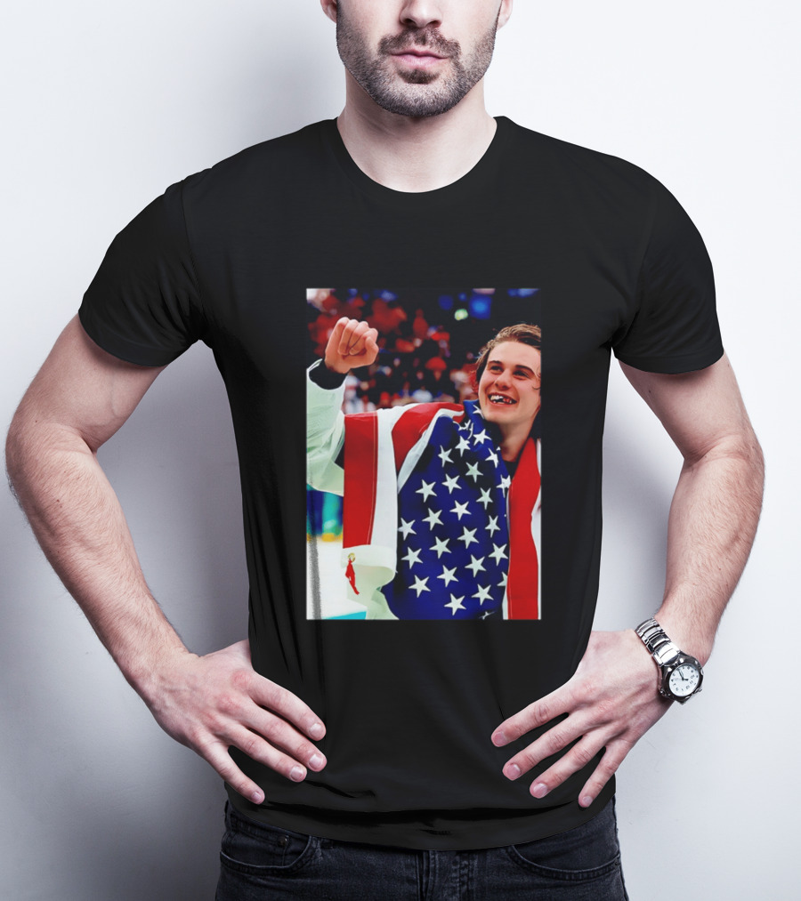 Jack Hughes Celebrating Team USA Hockey Star Spangled Moment T-Shirt