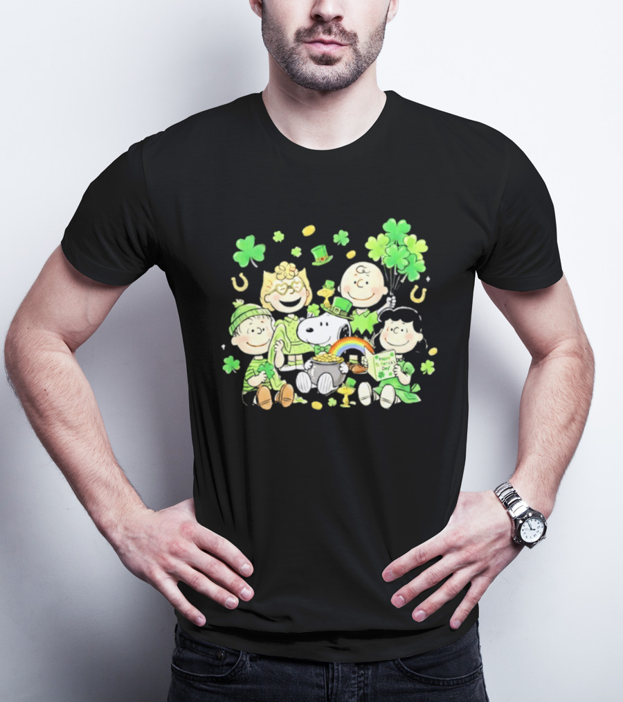 St. Patrick's Day Peanuts Snoopy And Friends With Shamrocks Horseshoes And Rainbow T-Shirt