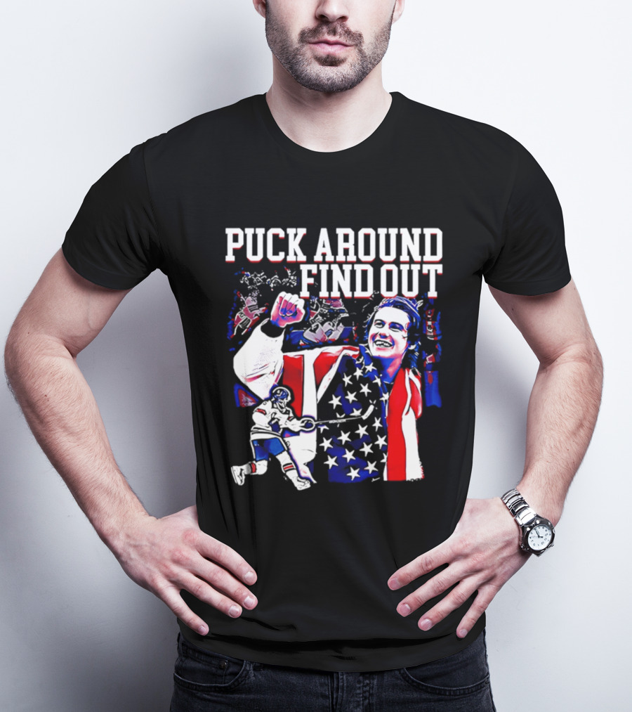 Puck Around Find Out Jack Hughes USA Hockey American Flag Celebration T-Shirt