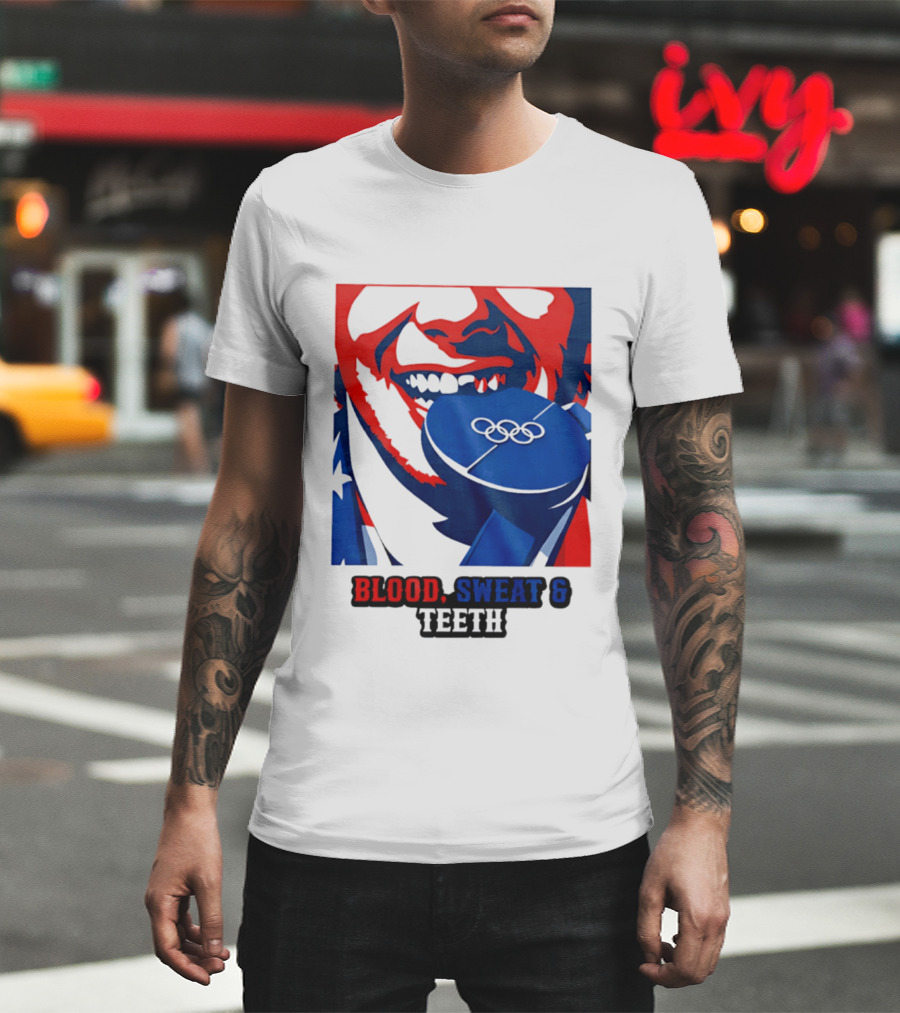 Blood Sweat Teeth Jack Hughes USA Olympic Hockey Gold Medal Champs T-Shirt