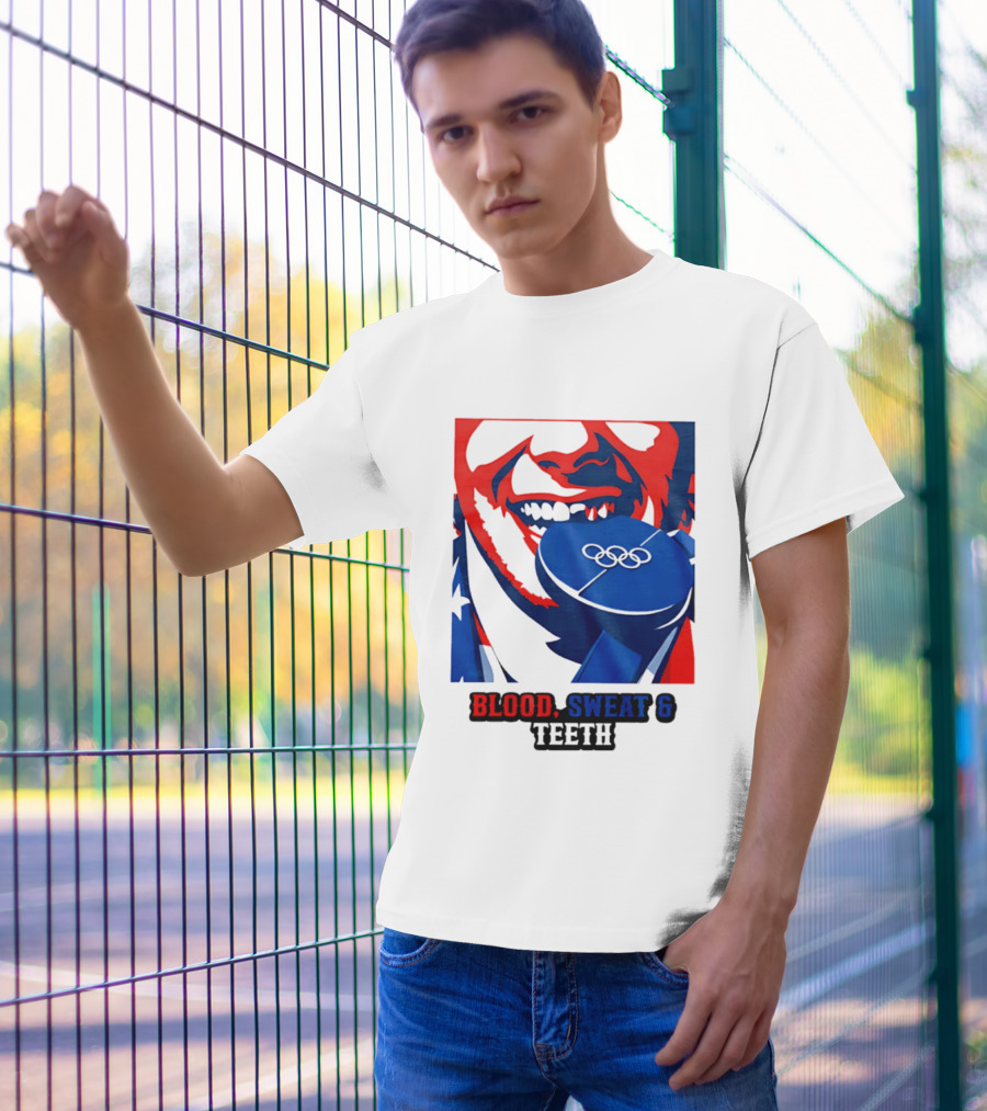 Blood Sweat Teeth Jack Hughes USA Olympic Hockey Gold Medal Champs T-Shirt
