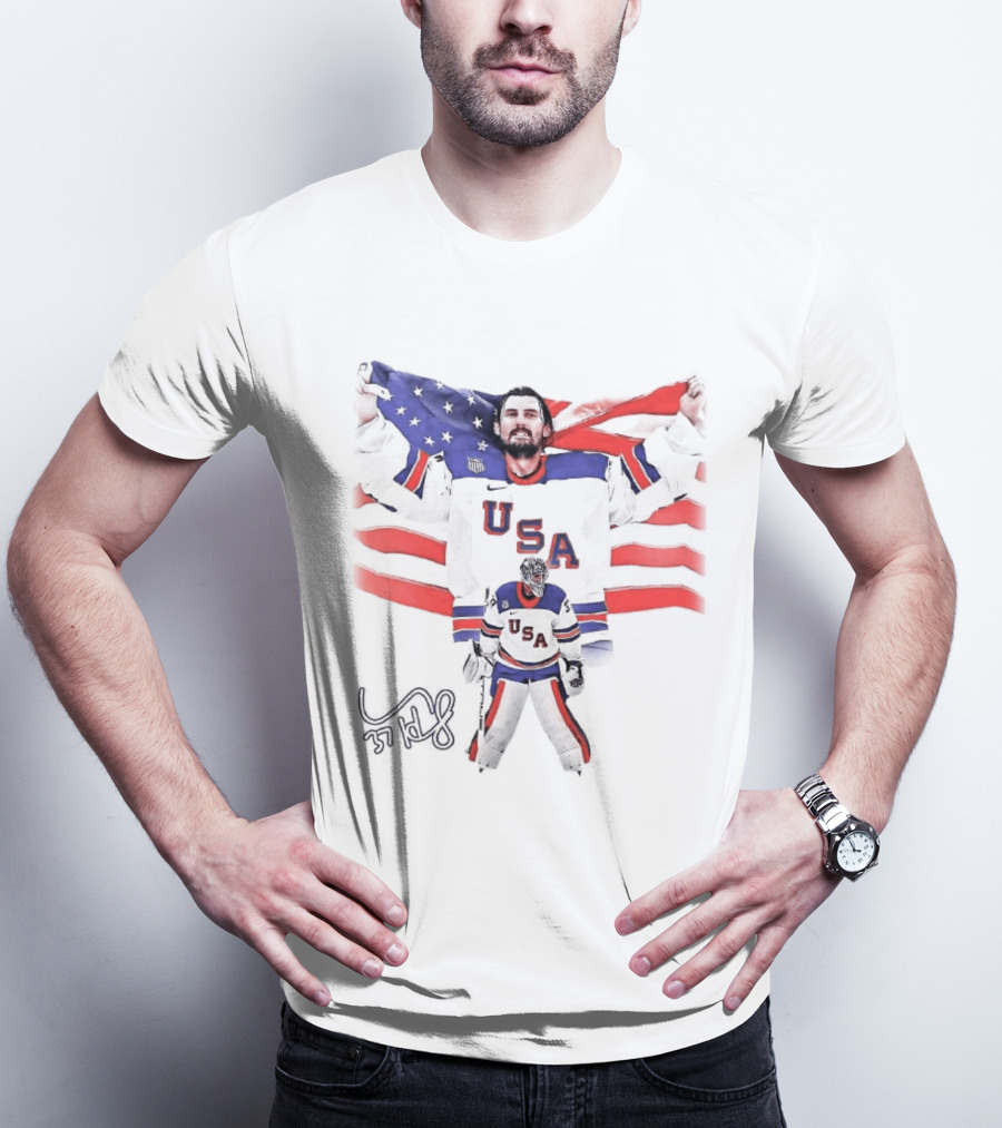 Connor Hellebuyck Team USA Olympic Gold Celebration Hockey Player With American Flag T-Shirt
