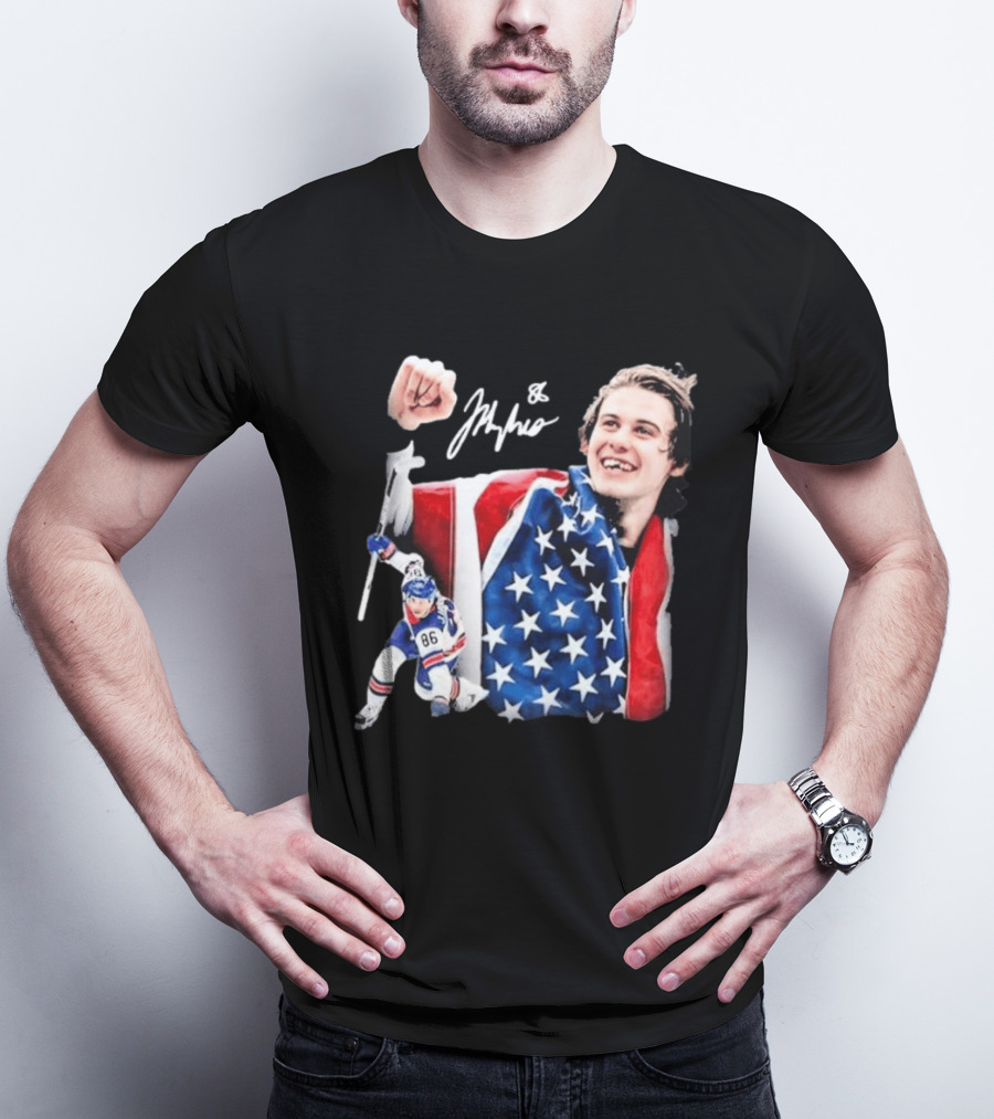 Jack Hughes USA Hockey Golden Goal Celebration T-Shirt