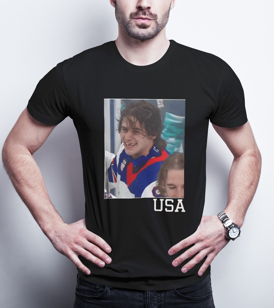 Jack Hughes 2026 Winter Olympic Team USA Smile Hockey T-Shirt