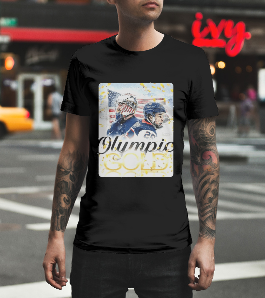 Olympic Winter Games USA Jeremy Swayman Charlie McAvoy Olympic Gold T-Shirt
