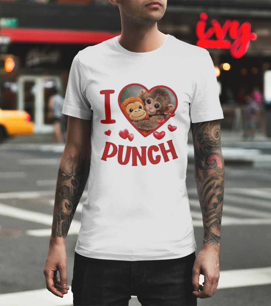 I Love Punch Heart Cute Monkey Hugging Furry Friend T-Shirt