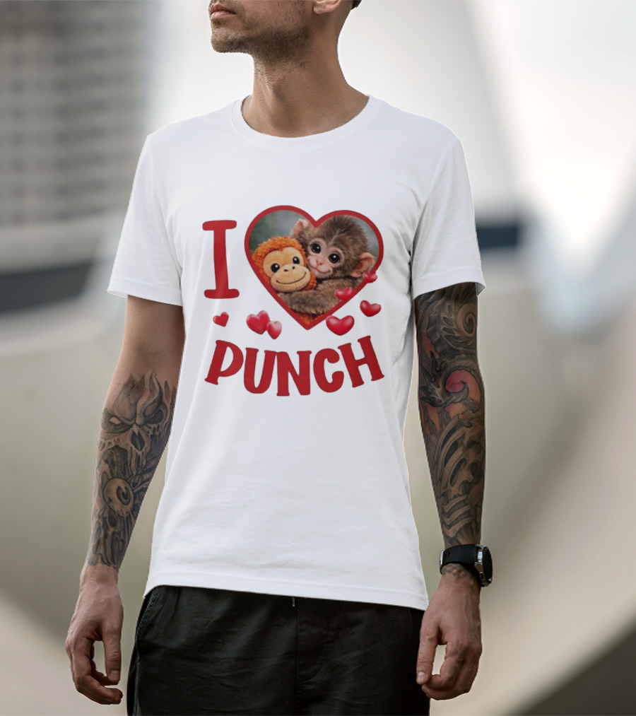 I Love Punch Heart Cute Monkey Hugging Furry Friend T-Shirt