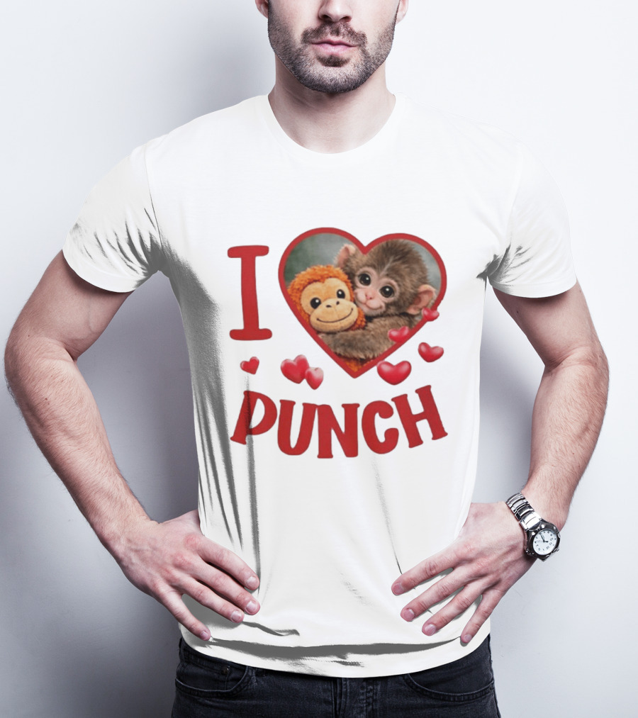 I Love Punch Heart Cute Monkey Hugging Furry Friend T-Shirt