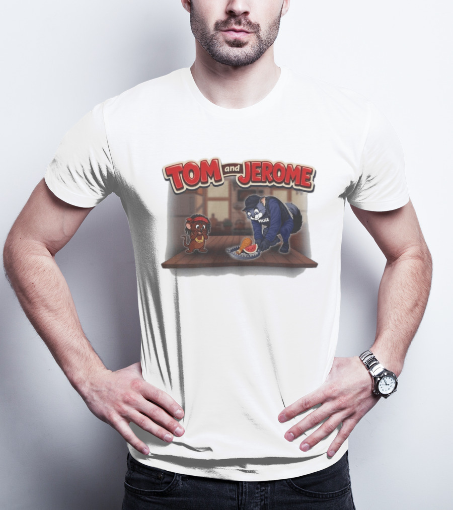 Tom And Jerome Police Cat Serving Chicken And Watermelon T-Shirt