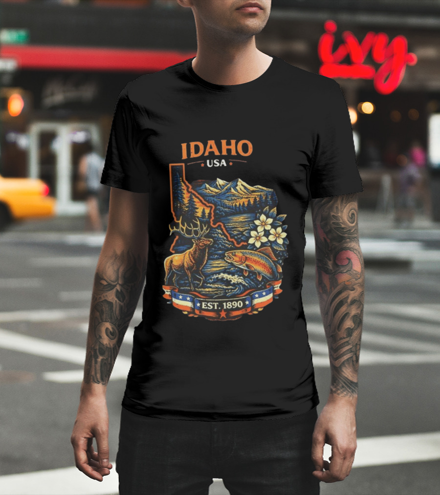 Idaho USA Est 1890 Wilderness Elk Trout Mountains T-Shirt