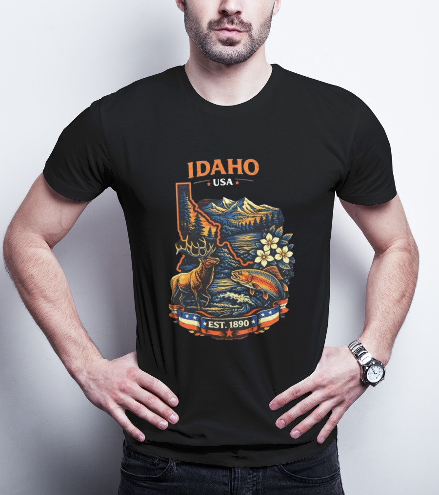 Idaho USA Est 1890 Wilderness Elk Trout Mountains T-Shirt