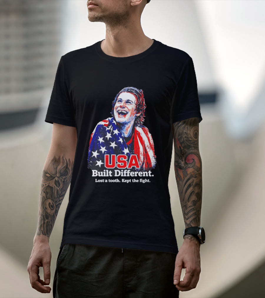 USA Gold Hockey Jack Hughes Built Different Lost A Tooth Kept The Fight T-Shirt