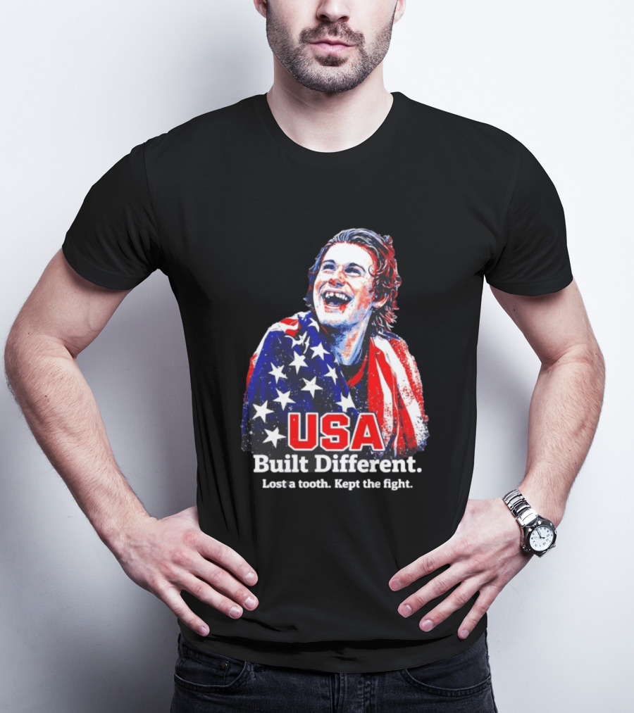 USA Gold Hockey Jack Hughes Built Different Lost A Tooth Kept The Fight T-Shirt