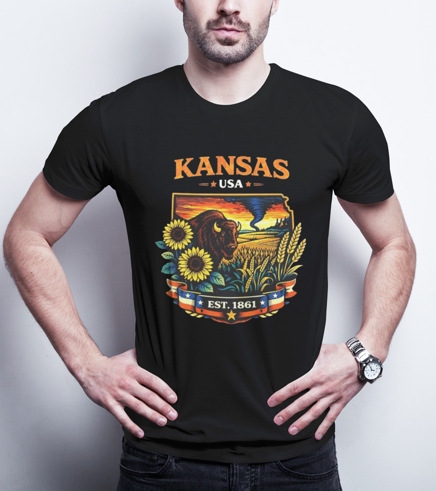 Kansas USA Buffalo Sunflowers Wheat Tornado Est 1861 T-Shirt