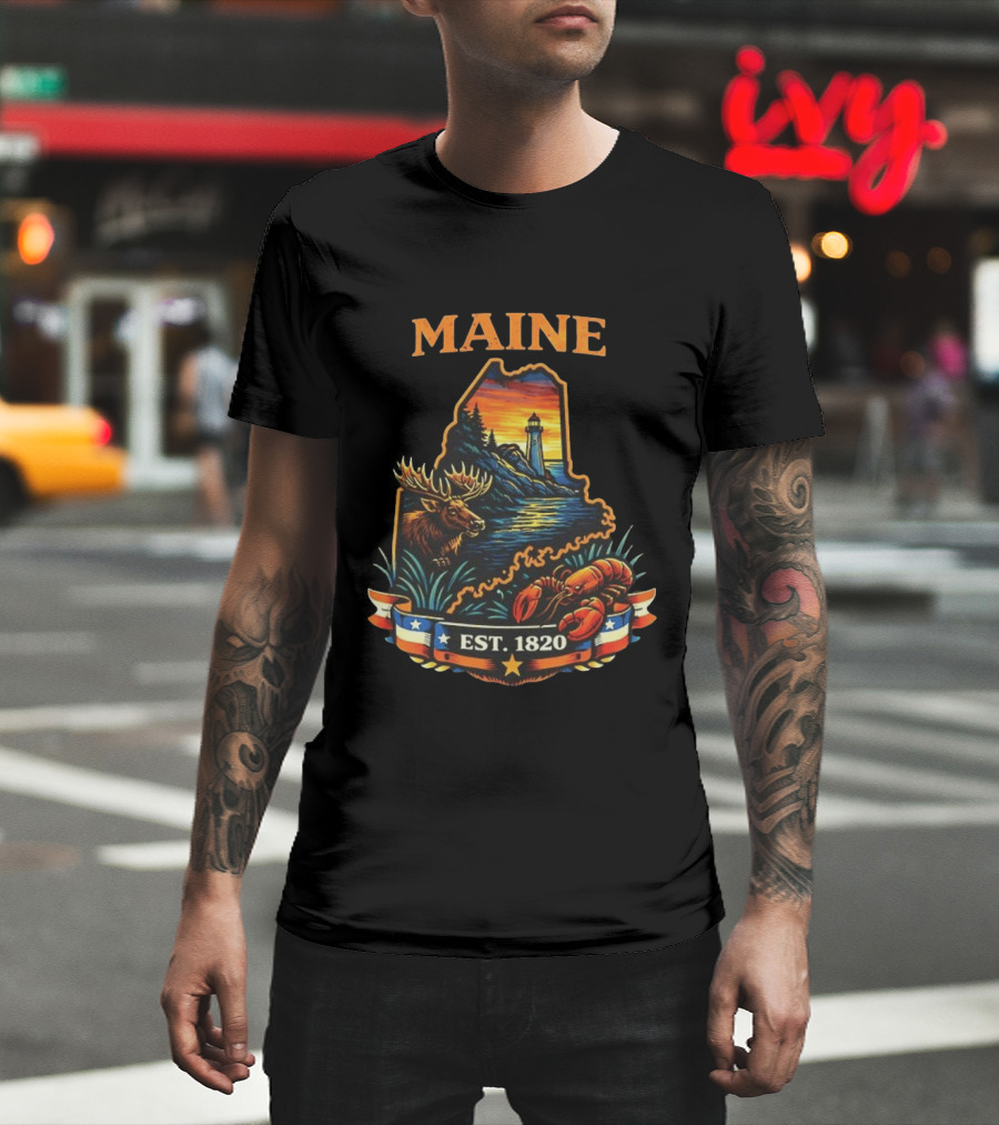 Maine Sunset Est 1820 Lighthouse Moose Lobster USA Landscape T-Shirt