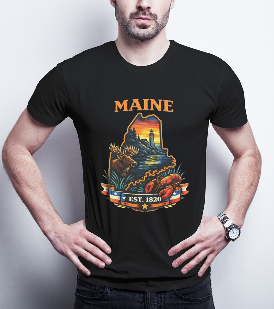 Maine Sunset Est 1820 Lighthouse Moose Lobster USA Landscape T-Shirt