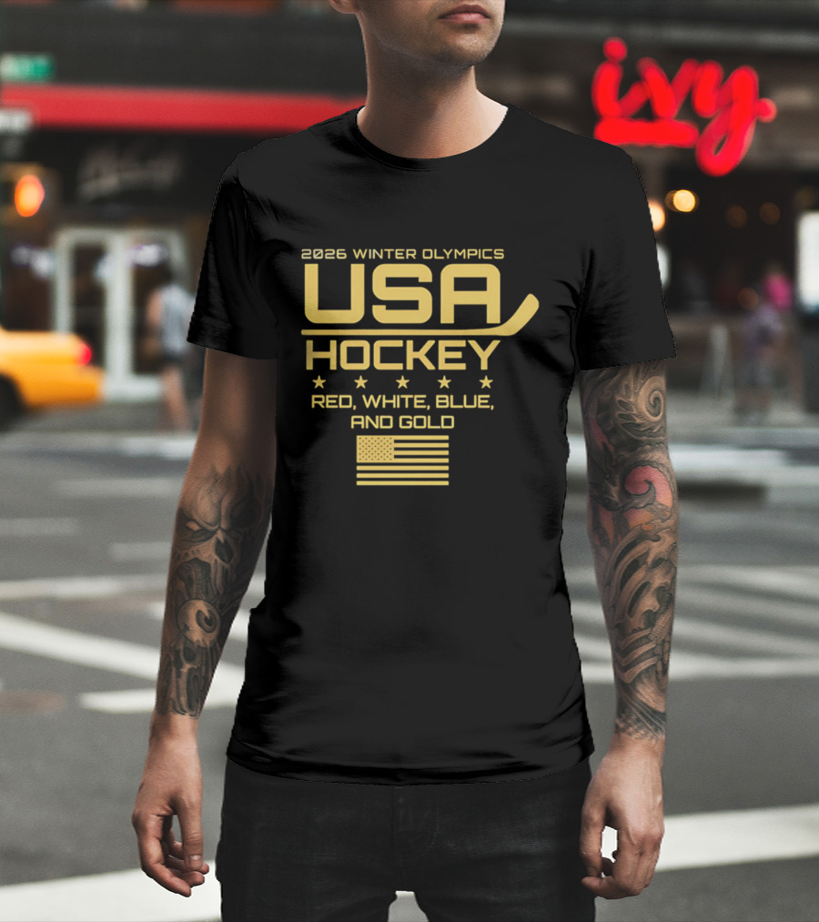 USA Hockey 2026 Winter Olympics Red White Blue Gold Flag T-Shirt