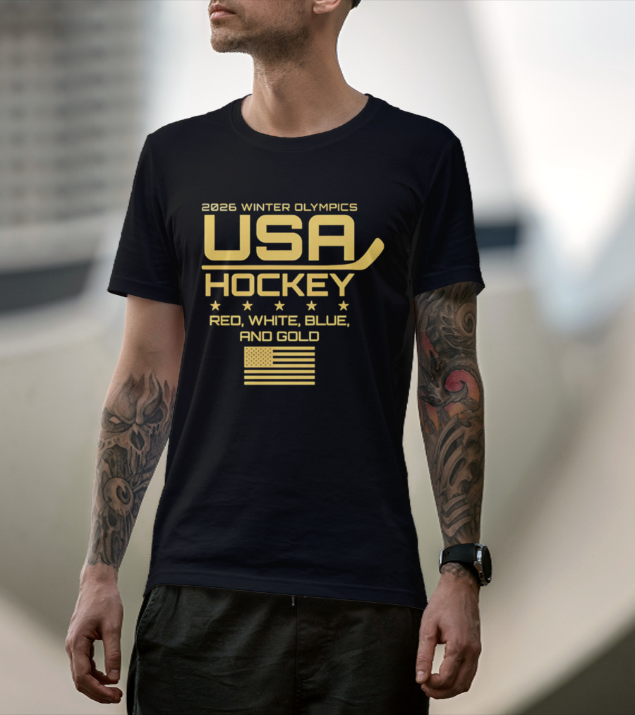 USA Hockey 2026 Winter Olympics Red White Blue Gold Flag T-Shirt