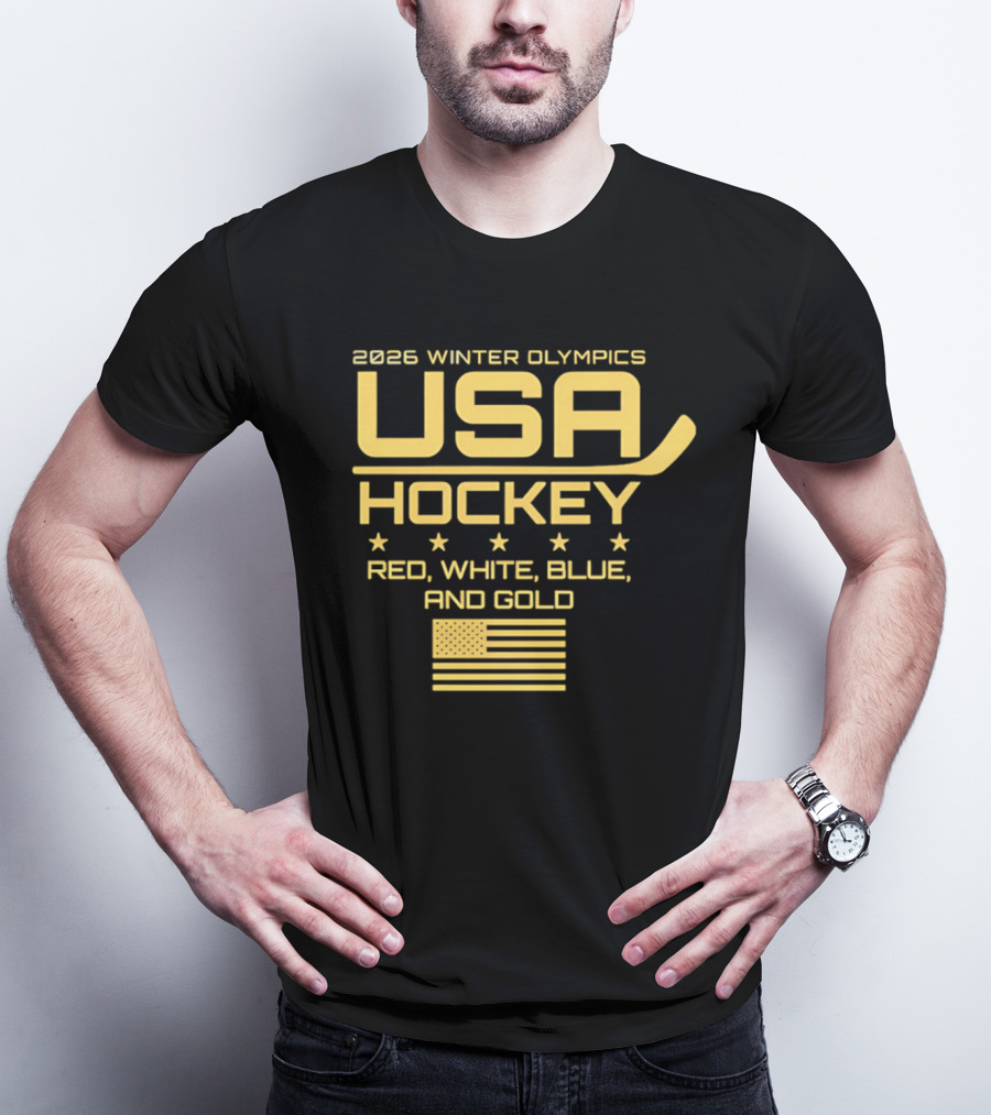 USA Hockey 2026 Winter Olympics Red White Blue Gold Flag T-Shirt