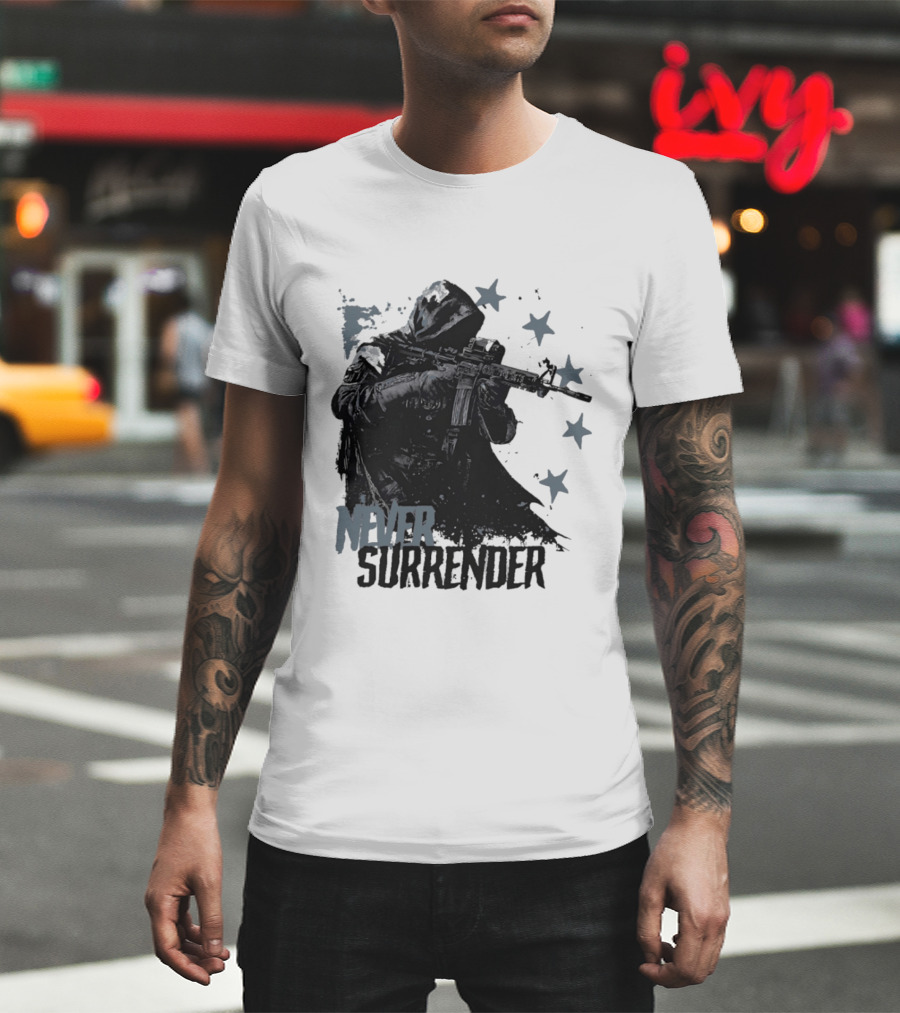 Never Surrender Reaper With Hooded Figure And Rifle T-Shirt