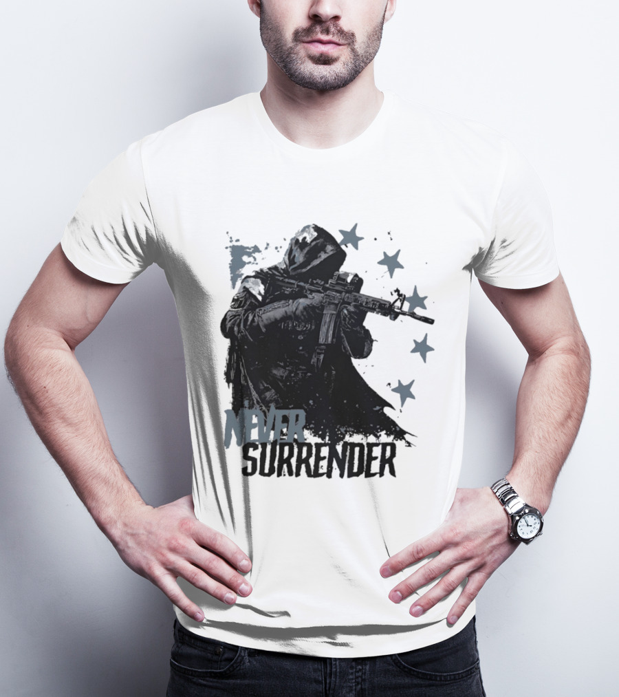 Never Surrender Reaper With Hooded Figure And Rifle T-Shirt