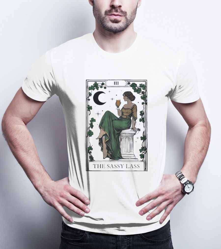 St Patrick's Day The Sassy Lass Tarot Card III Moon Clover T-Shirt
