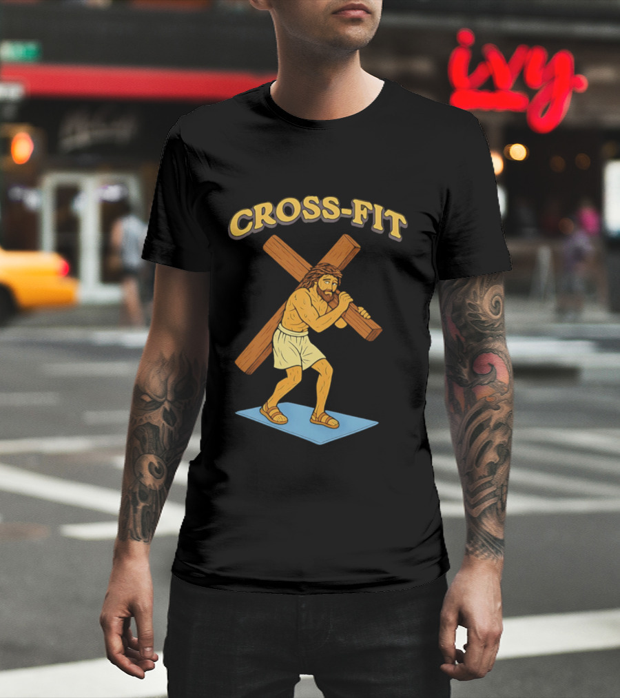 Cross Fit Jesus Cartoon Carrying Cross T-Shirt