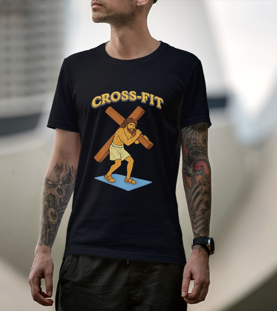 Cross Fit Jesus Cartoon Carrying Cross T-Shirt