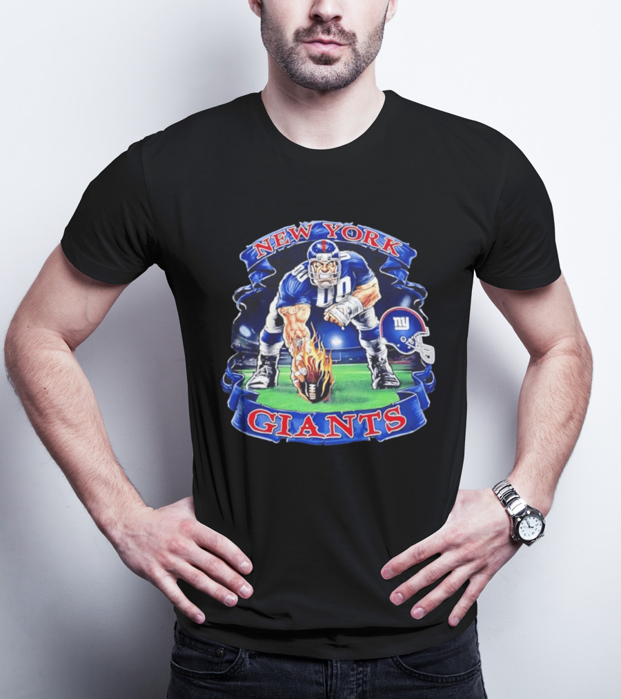 New York Giants Football Flame Helmet Player Action T-Shirt