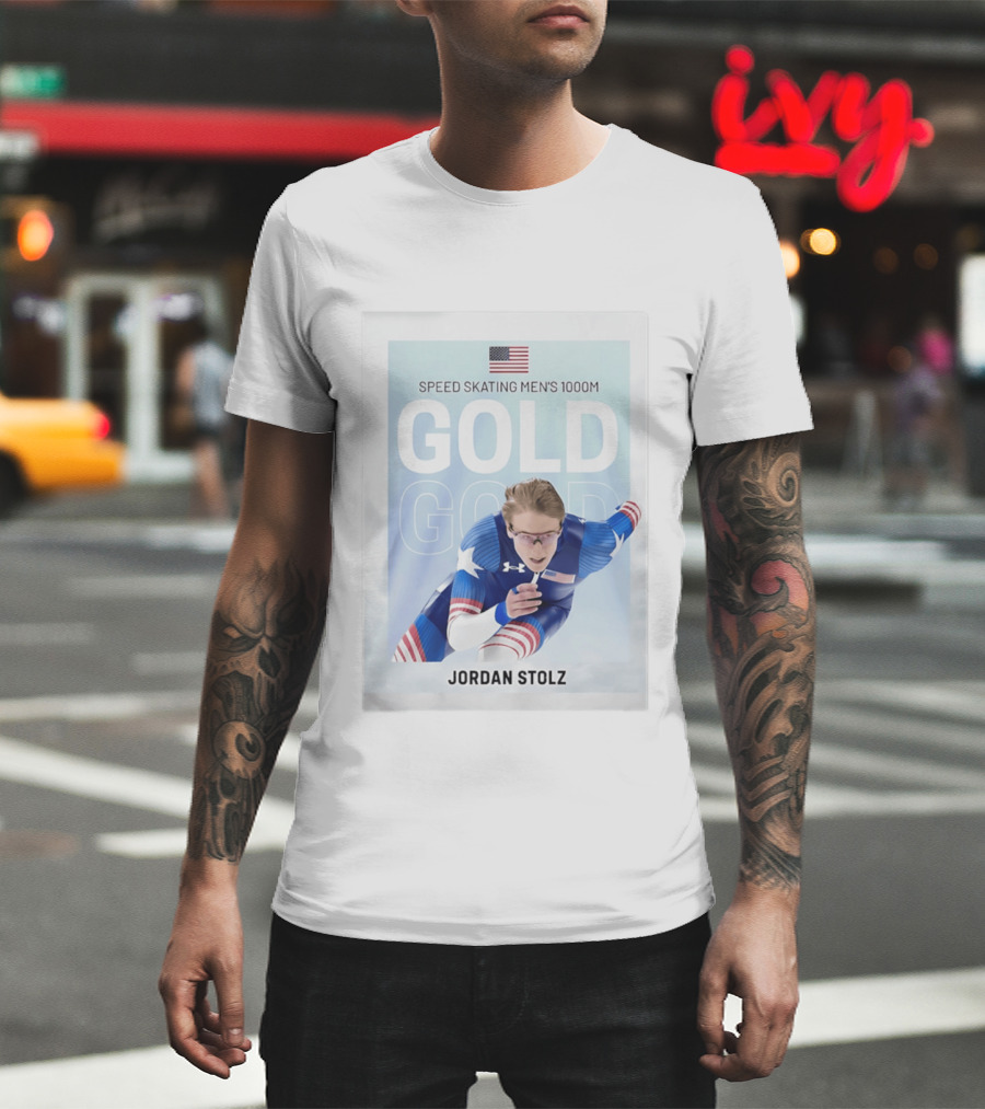 American Flag Speed Skating Men's 1000M Gold Jordan Stolz T-Shirt