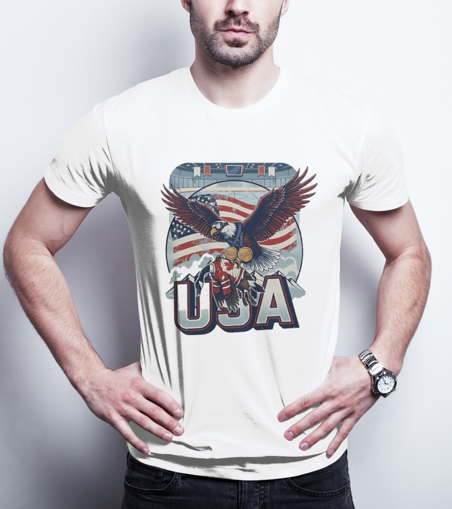 USA Hockey Eagle 1980 2026 American Flag Ice Rink T-Shirt