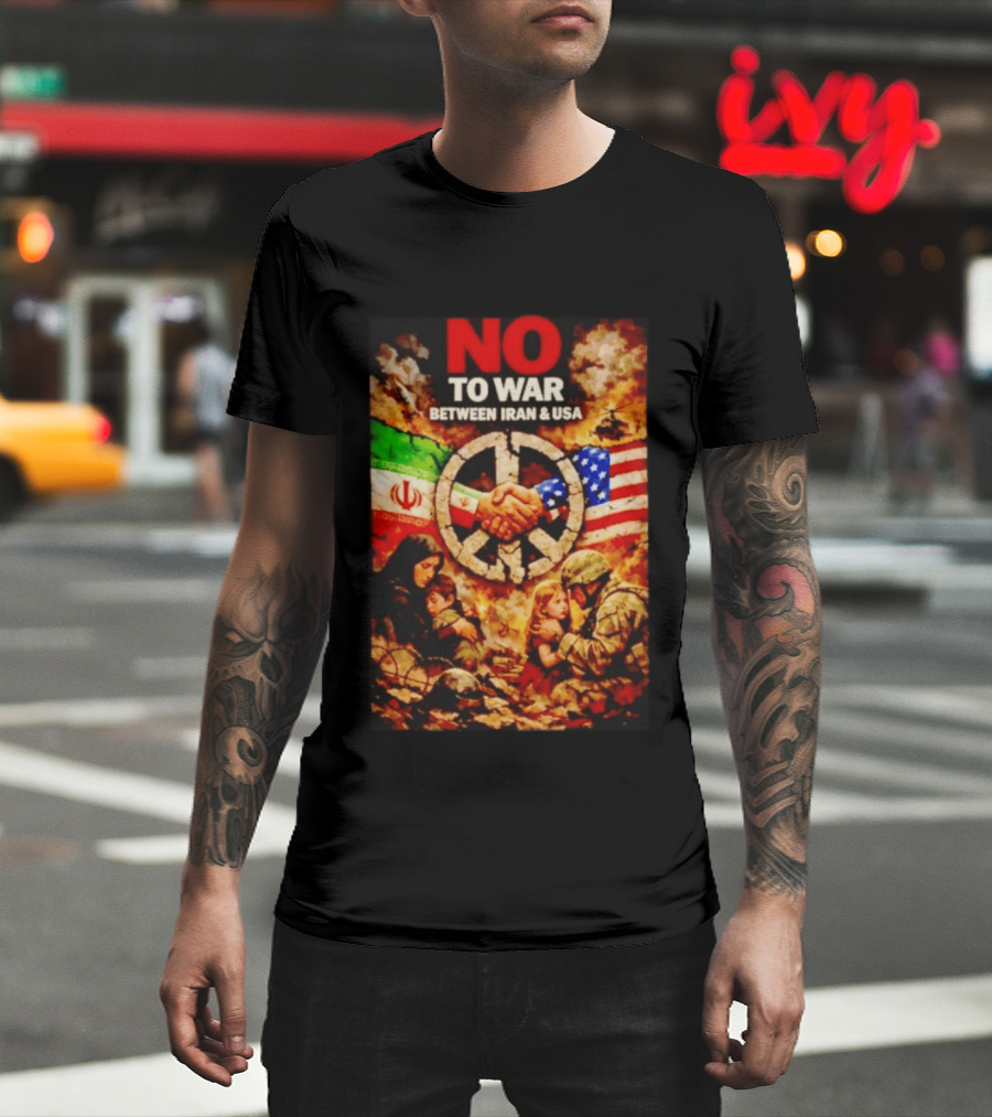 No War Between Iran USA Peace Sign Flag Handshake Unity T-Shirt