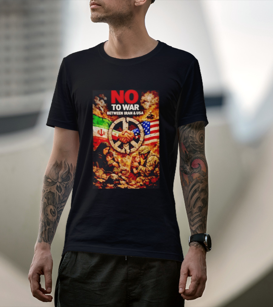 No War Between Iran USA Peace Sign Flag Handshake Unity T-Shirt