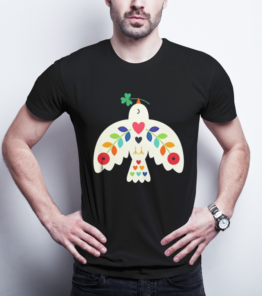 Luck Peace Love Dove With Shamrock And Colorful Hearts T-Shirt