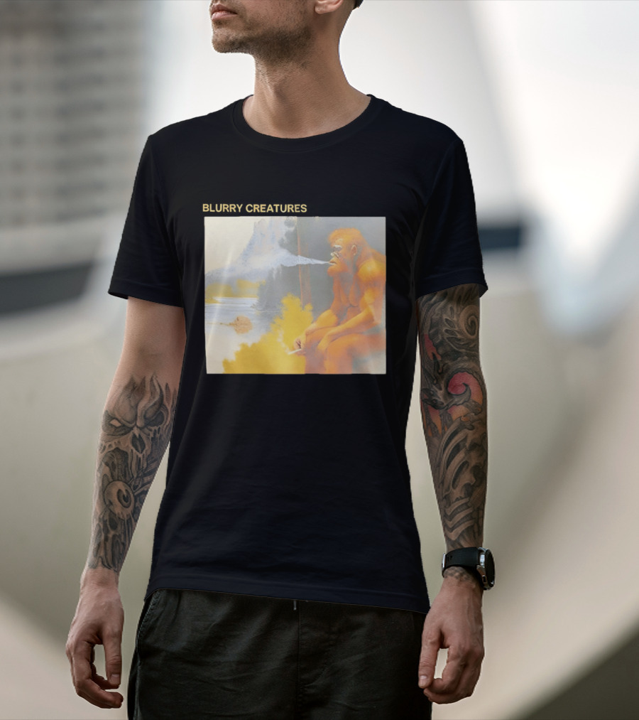 Bigfoot Blurry Creatures Smoking By Lake Mountain Scene T-Shirt