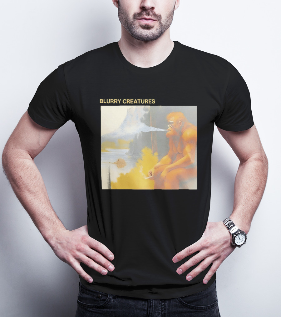Bigfoot Blurry Creatures Smoking By Lake Mountain Scene T-Shirt