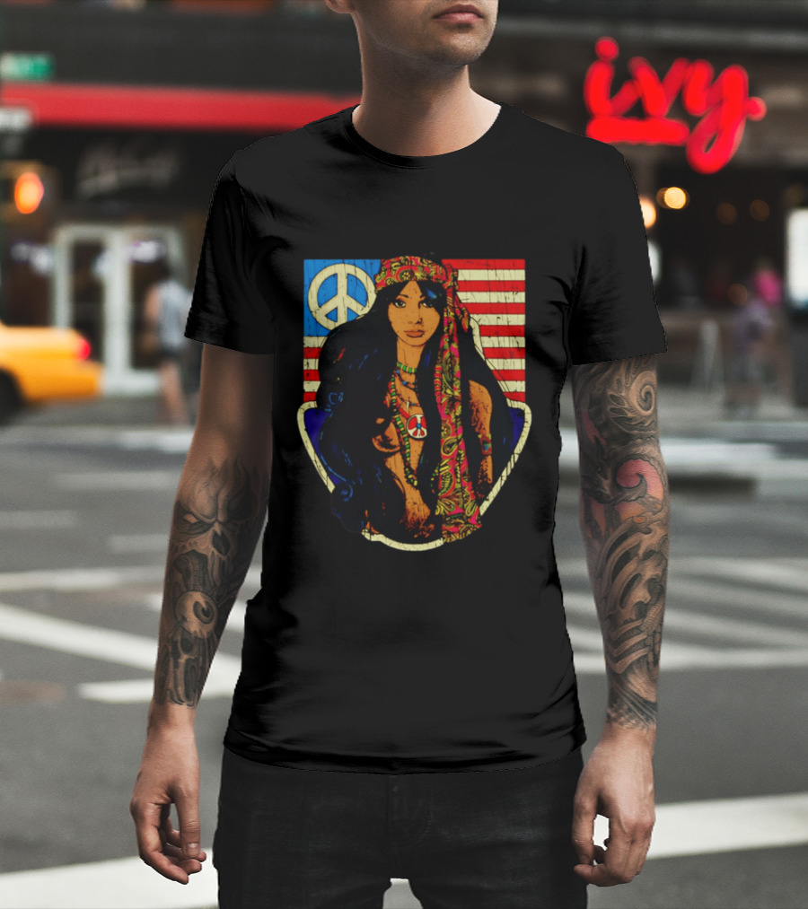 Peace Is Natural 1969 Bohemian Hippie Woman American Flag T-Shirt