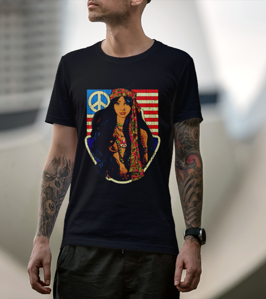Peace Is Natural 1969 Bohemian Hippie Woman American Flag T-Shirt