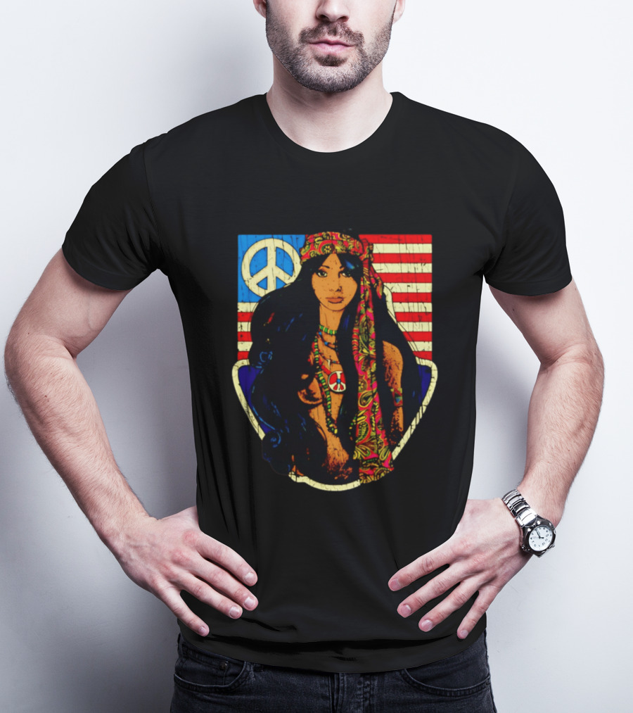 Peace Is Natural 1969 Bohemian Hippie Woman American Flag T-Shirt